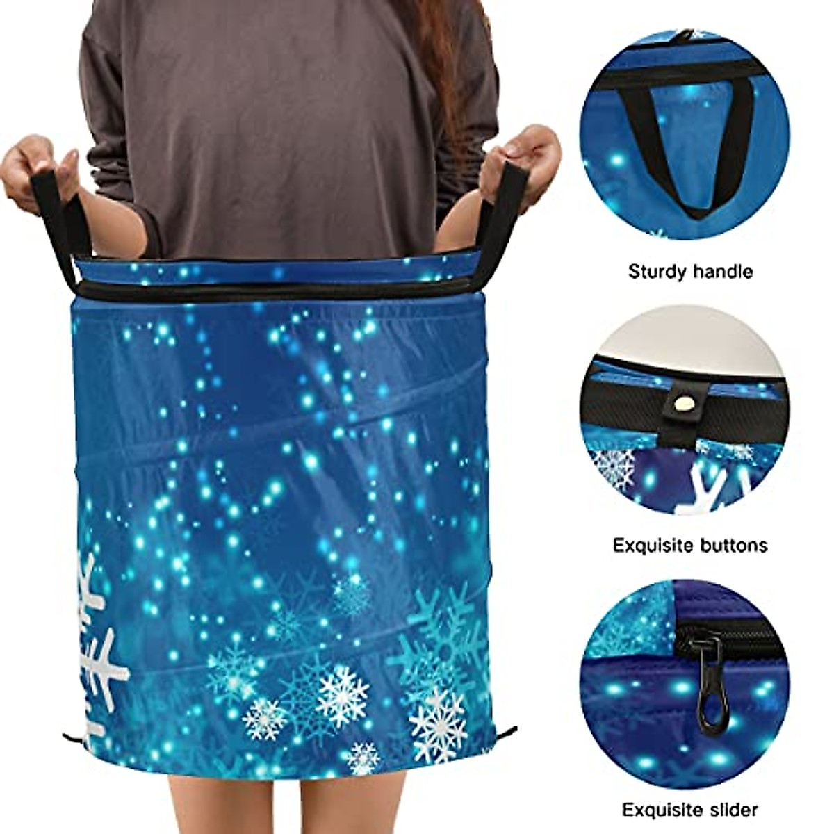DOMIKING Winter Snowflakes Christmas New Year Popup Laundry Hamper with Handles Collapsible Laundry Basket Portable Storage Organizer for Kids Rooms College Dorms Travel