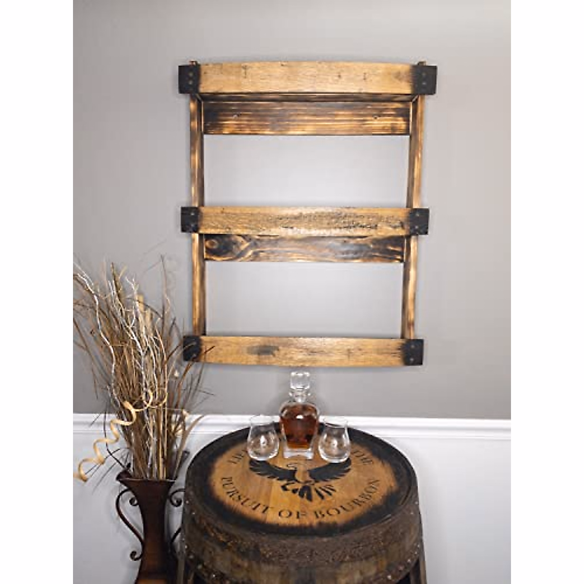Wooden Bourbon Whiskey Barrel Stave Shelf, Large Torched Three-Tier Liquor Bottle Display Cabinet, Wall Mount, Easy Installation, Medium