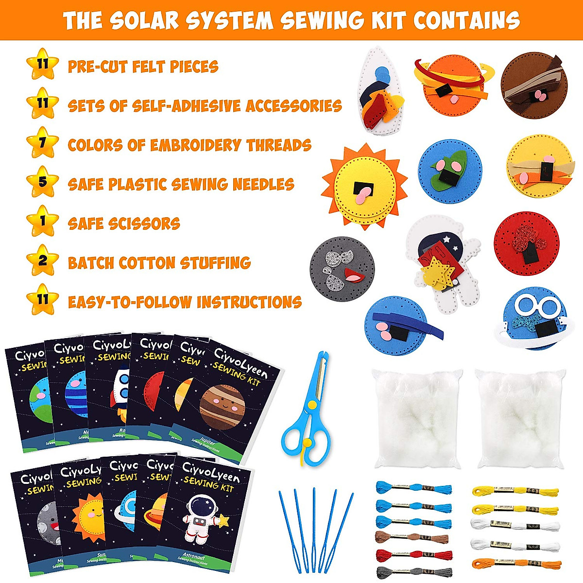 CiyvoLyeen Space Sewing Kit for Kids Solar System DIY Activity Kids Felt Craft Supplies for 7 8 9 10 11 12 Girls and Boys Educational Beginners Sewing Set of 11