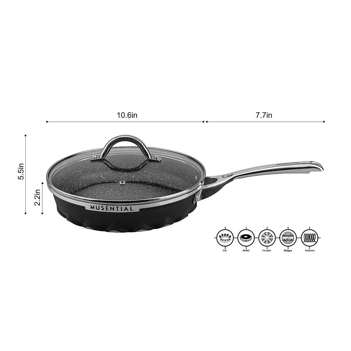 MUSENTIAL 10" Inch Aluminum Non-stick Frying Pan Skillet with Tempered Glass Lid, PFOA-Free Non-stick Granite Coating, Stainless Steel Handle, Dishwasher/Oven Safe (Black)