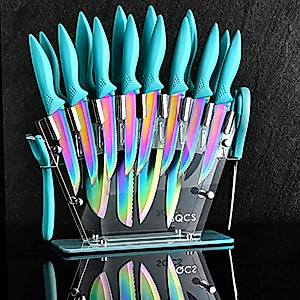 Rainbow Knife Set 18 Pcs Kitchen Knives Set Sharp Stainless Steel Knife Sets Contain 8 Steak Knives Sharpener Peeler Clear Acrylic Stand Beautiful Knife Best Gift (Turquoise 18PCS Set)