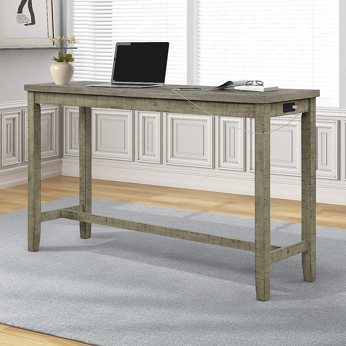 Merax 4-Piece Counter Height Bar Table Set with Socket and Fabric Padded Stools, Rustic Bar Dining Set, Gray Green