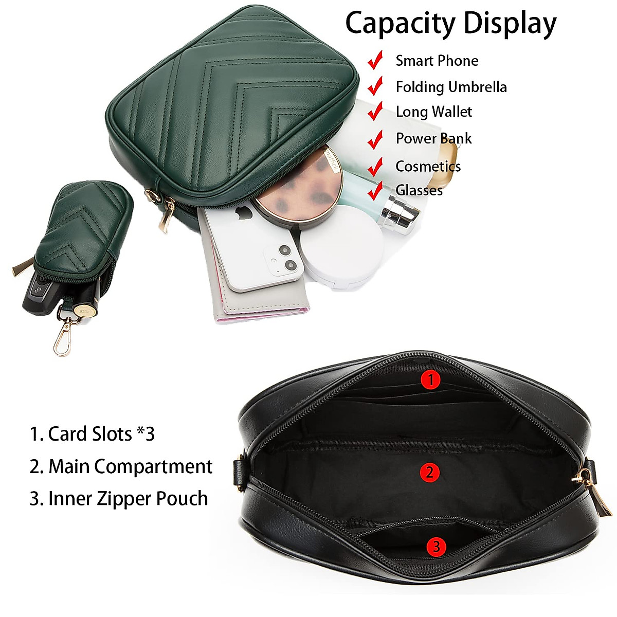 Herald Chevron Quilted Small Crossbody Bag with Coin Purse Pouch Women Square Snapshot Camera Side Shoulder 2 Size Handbag (Green)