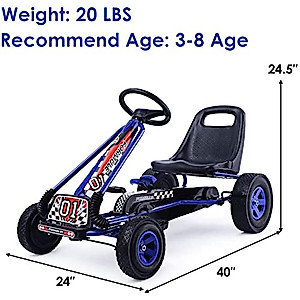 HOMGX Pedal Go Kart, Outdoor Kids Off-Road Pedal Go Kart with 2-Position Adjustable Bucket Seat, 4 Steering Wheel, 2 Safety Brakes, EVA Rubber Tires, Pedal Powered Ride On Kart for Boys, Girls (Blue)