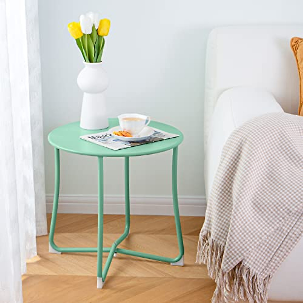 Amagabeli Metal Patio Side Table 18” x 18” Heavy Duty Weather Resistant Anti-Rust Outdoor End Table Small Steel Round Coffee Table Porch Table Snack Table for Balcony Garden Yard Lawn, Mint Green