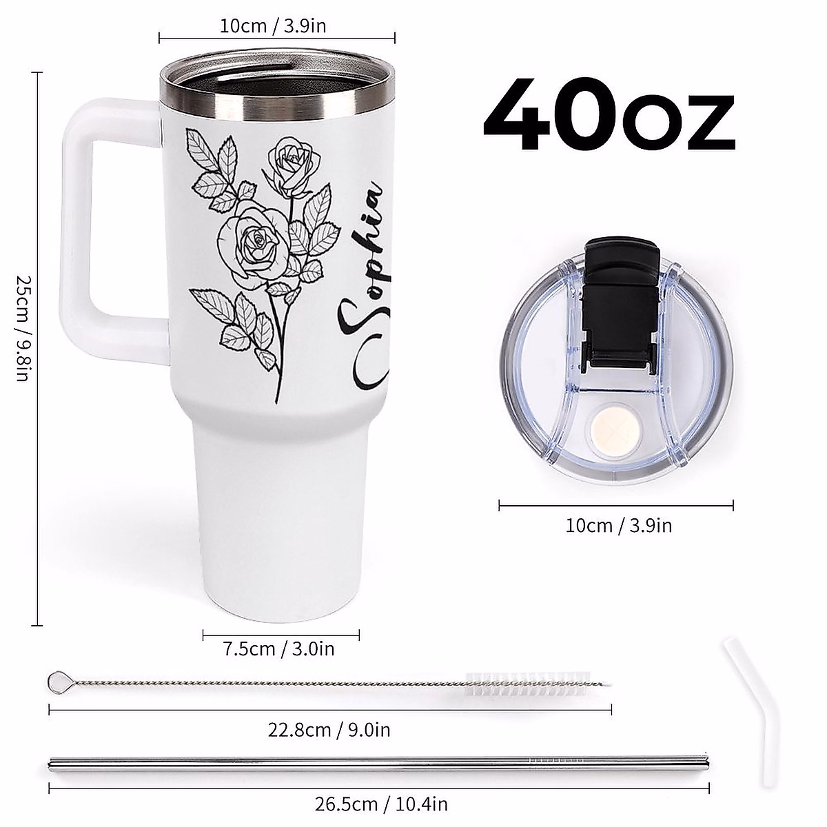 Personalized 40 Oz Tumbler with Lid Handle and Straw, Custom Stainless Steel Water Bottle Travel Mug with Names and Birth Flower, Personalized Mothers Day Birthday Gift for Mom Grandma