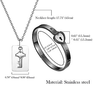OIDEA His Hers Love Heart Key Lock Macthing Bangle Bracelet Tag Pendat Necklace for Valentines Day Gifts,Silver,Roseold (FBA NON ENGRAVING-Black)