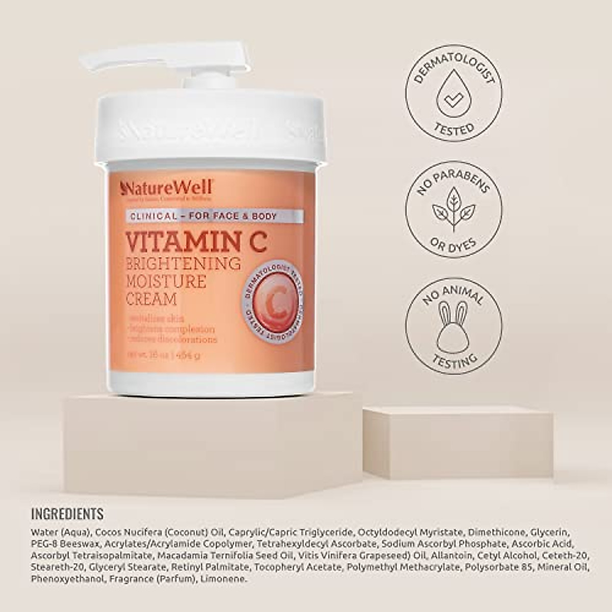 NATURE WELL 2.0 Vitamin C Brightening Moisture Cream for Face, Body, & Hands, Visibly Enhances Skin Tone, Helps Improve Overall Texture & Provides Lasting Hydration, 16 Oz