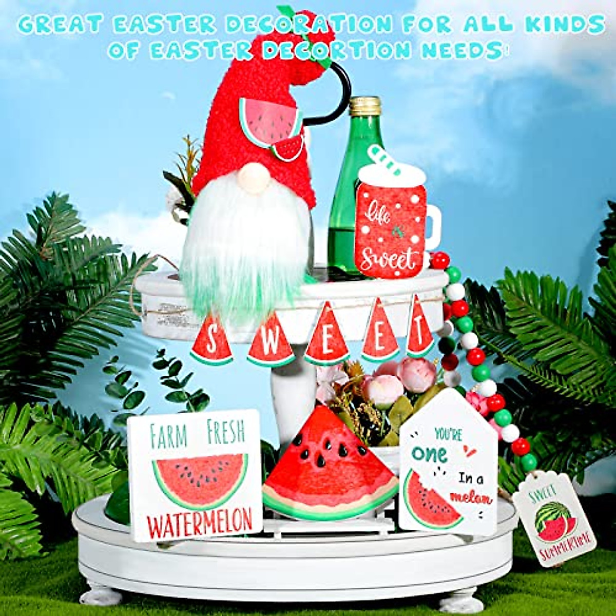 11 Pieces Watermelon Tiered Tray Decor Watermelon Wooden Kitchen Signs Watermelon Gnome Banner Beaded Garland Decor Set My Happy Summer Decor for Summer Fall Rustic Decor (Red)