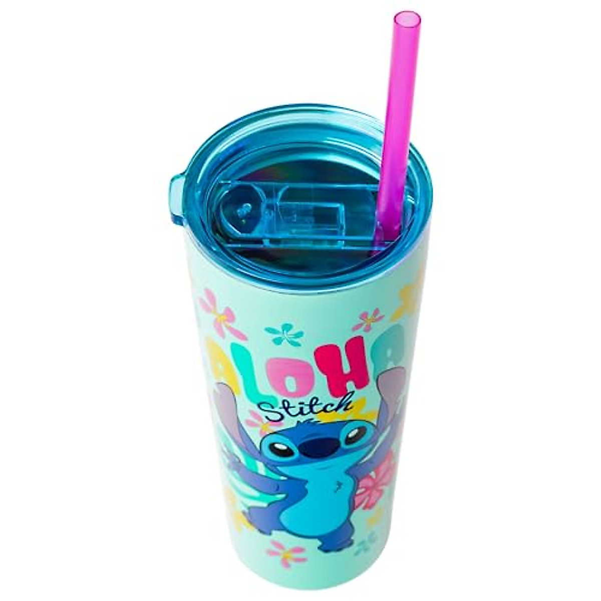 Silver Buffalo Disney Lilo and Stitch Aloha Double Walled Tumbler with Straw, 22 Ounces