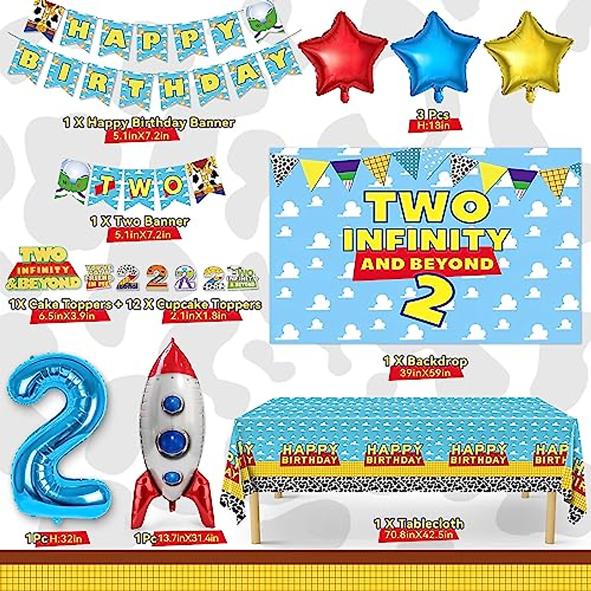 Miucat Two Infinity and Beyond Birthday Decorations Include Happy Birthday Banner Balloons Backdrop Film Balloon Cake Topper Tablecloth, 105 Pcs Toy Inspired Story 2nd Birthday Party Supplies