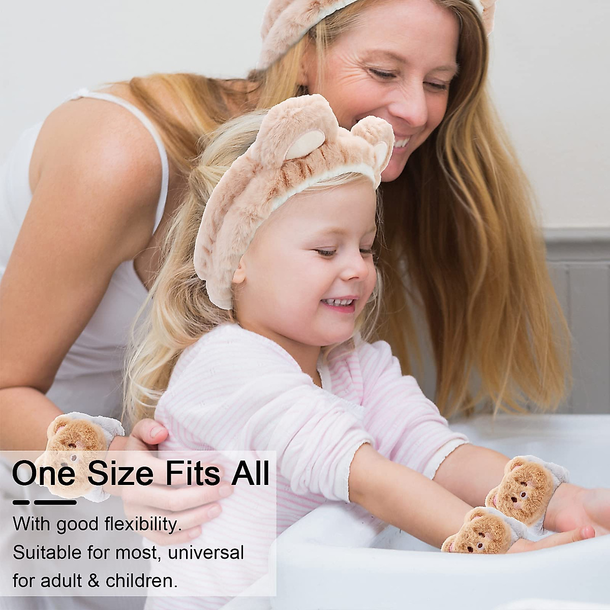 WHAVEL Hairband 3Pcs, Spa Headband and Wristband Set with Cute Bear Ears, Face Wash Headband Facial Headband Wrist Bands for Women, Girls (Coffee 01)