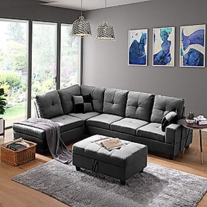 OPTOUGH Fabric Sectional Sofa Living Room Furniture Set, L-Shape Couch with Left Chaise, Storage Ottoman, and 2 Pillows,Gray