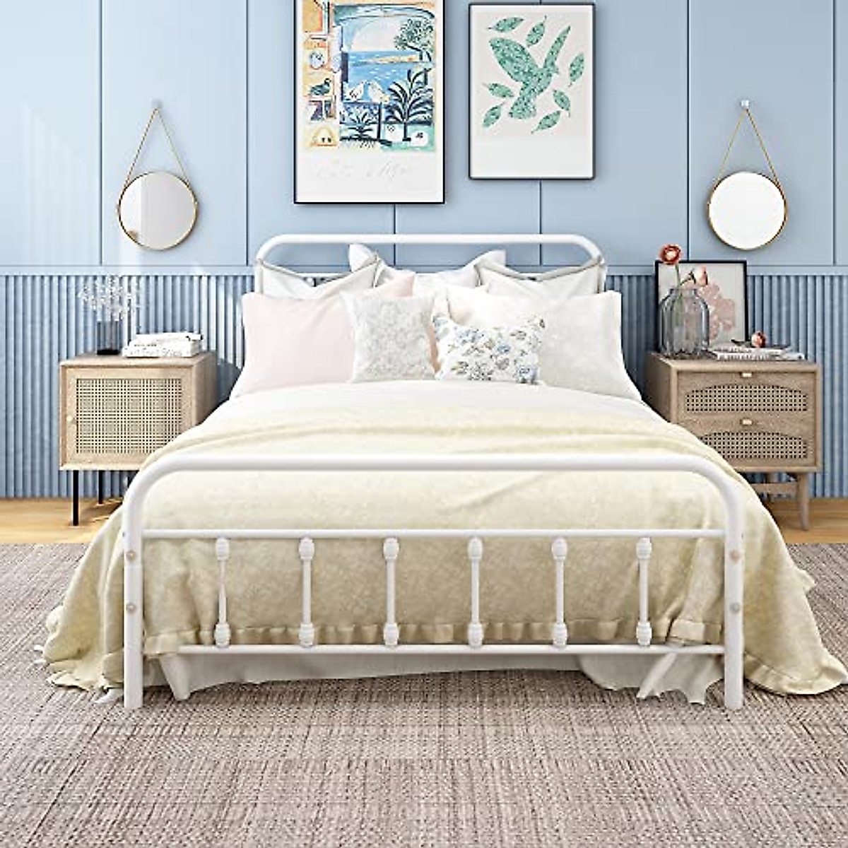 Kefair Full Size Metal Bed Frame with Headboard, Iron Mattress Foundation No Box Spring Needed,10.6 Inch Under Bed Storage, Noise Free, Easy Set Up（White