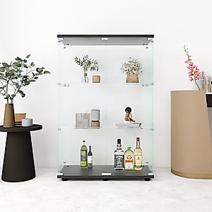 Shengrunner Frameless Glass Display Cabinet, Curio Cabinet Display Case with Lock and 2 Doors, Quick-Install Floor Standing Showcase Display Shelf for Collectibles, Legos, Figures, Plants
