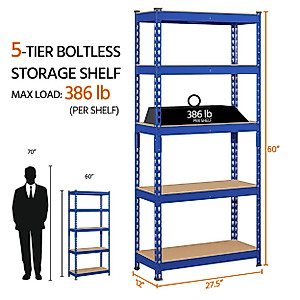 Topeakmart 4 PCS 5-Tier Utility Shelves, Metal Storage Shelves Garage Shelving Unit Adjustable Garage Storage Shelves Storage Racks Heavy Duty Shed Shelving- Blue, 27.5 x 12 x 60 Inch