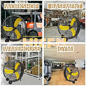 HiCFM 36" Industrial Drum Fan, 18600 CFM High Velocity 2 Speed 3/5 HP Heavy Duty Metal Air Circulator with Casters Handle 9ft Cord for Basement Warehouse Factory workshops Patios