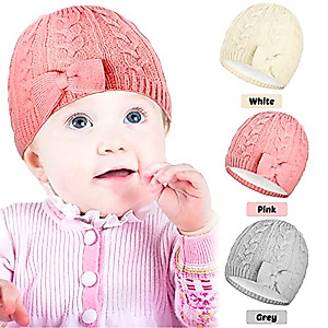 SATINIOR 3 Pieces Fleece Lined Baby Beanie with Bow, Infant Newborn Toddler Kids Winter Warm Knit Cap for Boys Girls (Beige, Pink, Grey,6-24 Months)