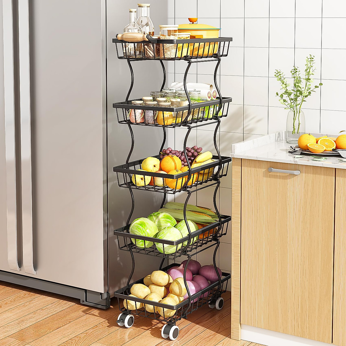 5 Tier Fruit Basket for Kitchen, Stackable Fruit and Vegetable Wire Basket with Wheels for Banana Onions and Potatoes Storage and Organization, Black