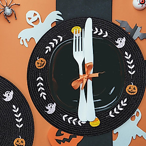 Whaline 4Pcs Round Halloween Placemats Embroidered Ghost Pumpkin Candy Corn Place Mats Black Spooky Dinner Table Mats for Halloween Party Decor