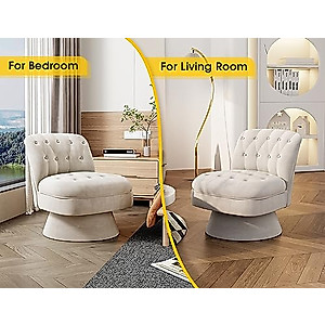 Dewhut Modern 360 Degree Swivel Velvet Barrel Accent Chair, Comfy Side Corner Sofa Chair for Small Space, Button Tufted Upholstered Armless Chair for Living Room, Bedroom, Office, Vanity(Beige)
