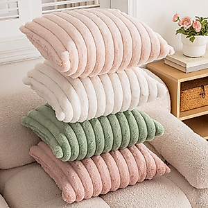 BAOLIZEGAO Double-Sided Faux Fur Plush Throw Pillow Covers 18x18 Set of 2 Fuzzy Striped Soft Cozy Pillowcase Luxury Decorative Pillows Square Shaggy Cushion Covers for Couch Sofa Bed,Cream White