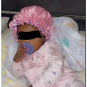 AKISS Reversible Satin Silk Sleep Hair Bonnet for Newborn Baby Girl Boy (Taffy/Lavender, 1~3 M)