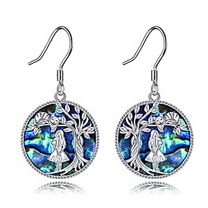 Alice In Pendant Earring Sterling Silver Abalone Shell Tree of Life Wonderland Cat Earring Christmas Gifts for Women Jewelry