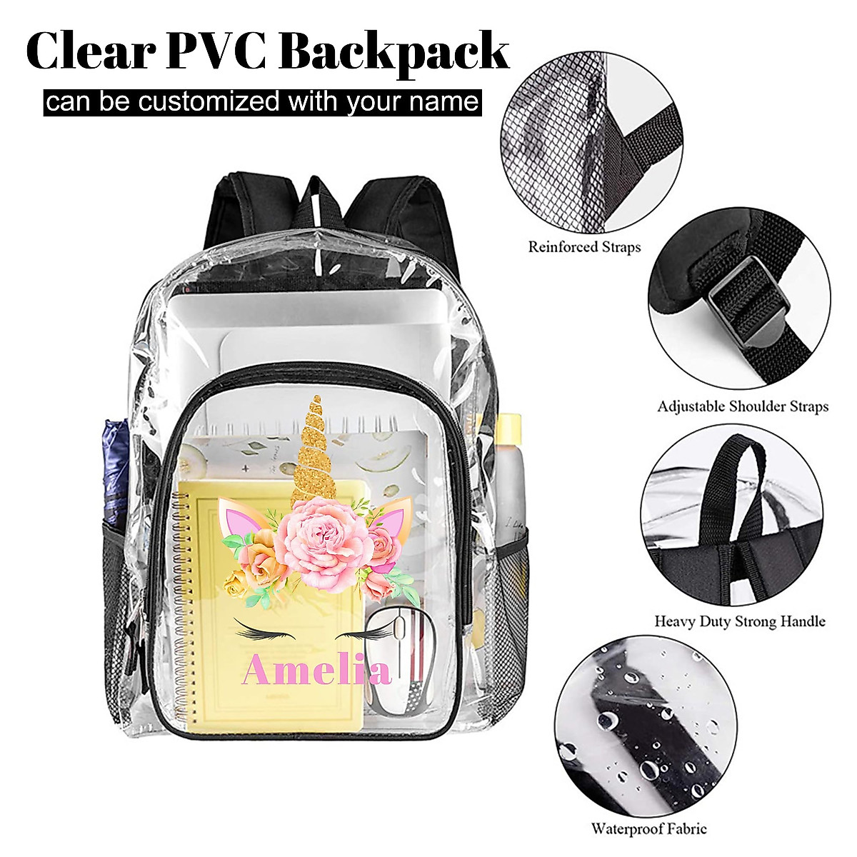 J&SBGFT Personalized Clear Backpack for Girls,Custom Unicorn Clear Backpacks with Name,Transparent Backpack with Reinforced Strap,See Through Book Bag,Waterproof Heavy Clear Book Bag for School