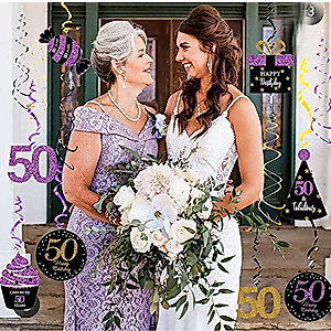 Qian's Party 50th Birthday Decorations for Women Purple Gold Black Purple Gold Foil Hanging Swirls 50th Birthday Party Decor – Women Purple 50th Birthday Party Decorations