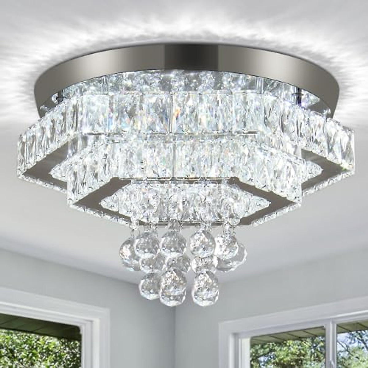 Finktonglan Modern Crystal LED Ceiling Light 2 Layers Flush Mount Fixture Chandeliers Stainless Steel Lamp for Living Room Dining Room Bedroom Hallway