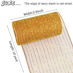 MIKIMIQI 2 Pack Deco Mesh 5.9 Inch x 30 Feet Decor Mesh Ribbon with Metallic Foil Deco Mesh Wreath Supplies Ribbons Mesh Roll for Spring Wreaths, Swags, Craft, Party Decoration (Gold Dark)