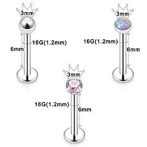 Kridzisw 16G Flat Back Cartilage Tragus Helix Conch Earring 16 Gauge Surgical Stainless Steel Silver Short Screw on in Opal Labret Monroe Medusa Lip Nose Ring Stud Bar Piercing Jewelry Women Men 6mm