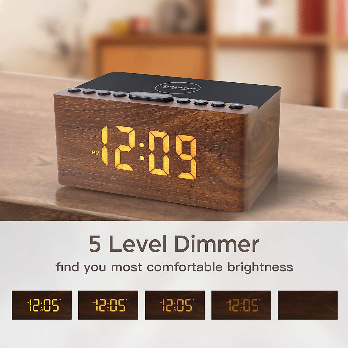 ANJANK Wooden Digital Alarm Clock FM Radio, Fast Wireless Charger Station for iPhone/Samsung Galaxy, 5 Level Dimmer, USB Charging Port, 2 Sounds, Sleep Timer, Wood LED Clock for Bedroom, Bedside, Desk