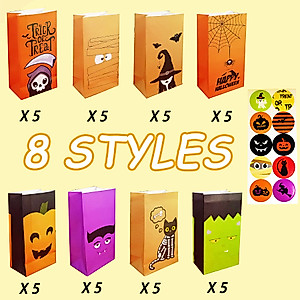ULXAODB Halloween Trick or Treat Goody Bags, 40Pcs Treat Goodie Bags,8 Styles Treat Bags Bulk Party Favors with 50 Pieces Stickers for Halloween Party Supplies