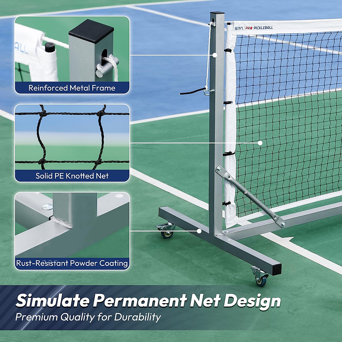 A11N Sports Pro Pickleball Net with Wheels and Hand Winch, Tournament Regulation Size, Anti-Sag Design, Perfect for Outdoor Court & Indoor Gym Floor
