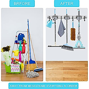 2 Pack Mop and Broom Holder, Broom Holder Wall Mount, Broom Organizer Wall Mount, Stainless Steel Broom Holder with 3 Racks and 4 Hooks, Mop Holder for Home Kitchen Office Garden Garage