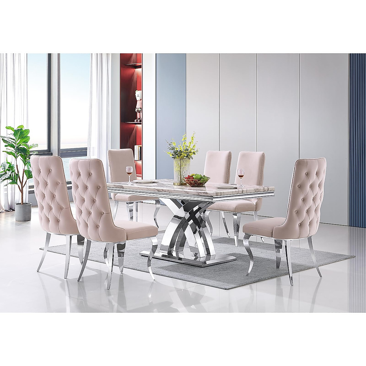 AUZ Dining Table, 65" Rectangular Modern Kitchen and Dining Room Table with Silver Double X Base in White Silver