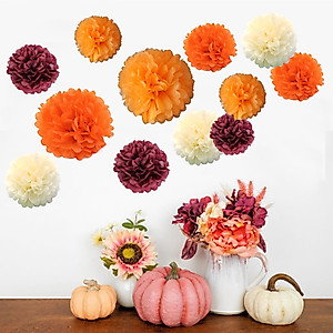 12-Piece Maroon Burgundy Orange Little Pumpkin Party Tissue Pom Poms Paper Flowers Centerpieces Fall Thanksgiving Baby Bridal Shower Wedding Birthday Party Nursery Table Wall Garden Hanging Décor