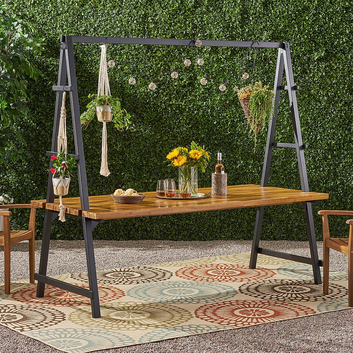 GDFStudio Outdoor Acacia Wood 88.5" Dining Table with Iron Plant Hanger, Finish and Black