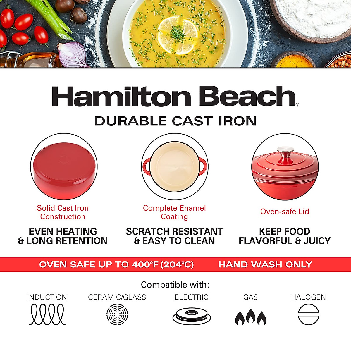 Hamilton Beach Enameled Cast Iron Dutch Oven 5.5-Quart Red, Cream Enamel Dutch Oven Pot with Lid