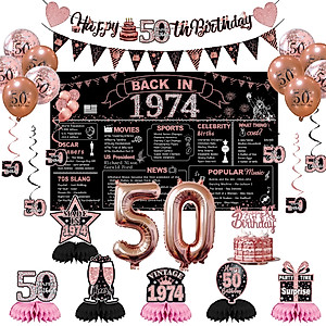 DARUNAXY 50th Birthday Party Decorations for Women, Rose Gold Back in 1974 Banner, Rose Gold 50 Number Balloons & Cake Topper, Vintage 1974 50 Birthday Honeycomb Hanging Swirl Confetti Balloons(27PC)