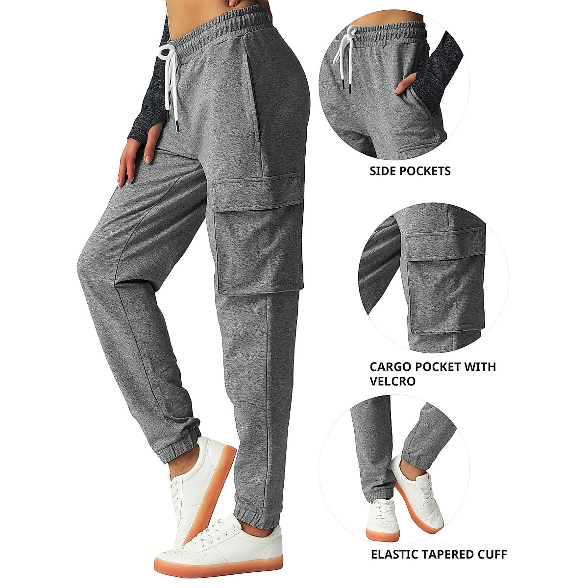 SPECIALMAGIC Women's Cargo Sweatpants Cotton Athletic Joggers 4 Pockets Sporty Pants Heather Grey Medium