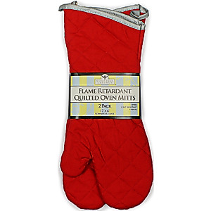 Nouvelle Legende Flame Retardant Kitchen and BBQ Heavy Duty Burn Protection Quilted Mitt, 17 Inches, Red, 2-Pack