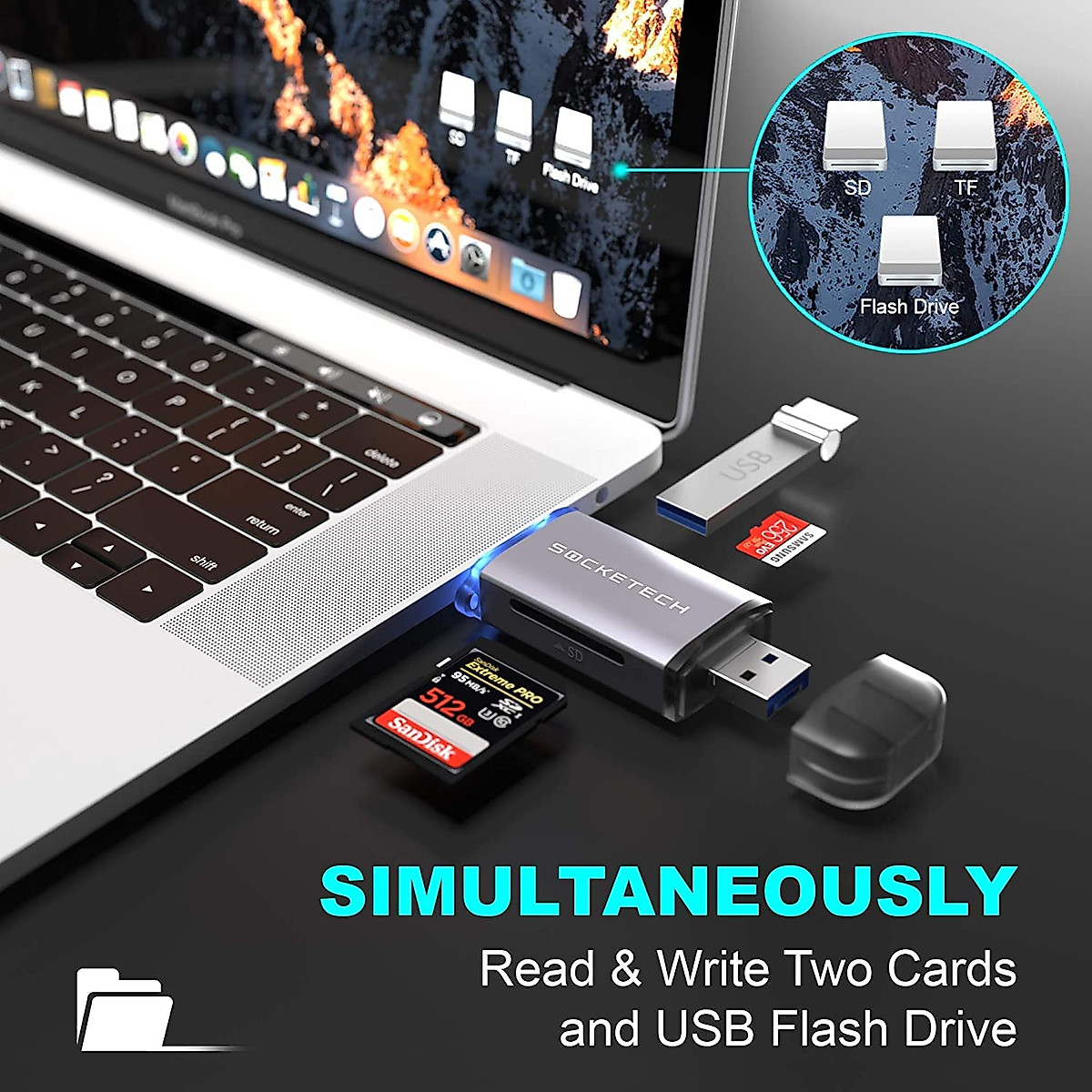 SD Card Reader,SockeTech 3-in-1 Memory Card USB 3.0 Reader,Micro SD to USB Adapter,Trail Camera Viewer for Samsung Galaxy/Note S20/10,Android Phone,Windows Computer, MacBook iPad Air/Pro and Dash Cam