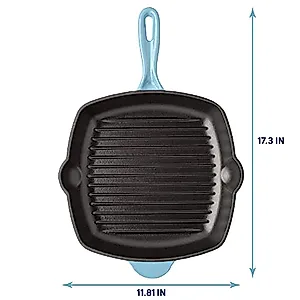 Country Living Enameled Cast Iron Square Griddle Grill Pan with Ridges, Helper Handle and Pouring Spouts for Easy Draining, Indoor Grilling Skillet, 11-Inch, Blue