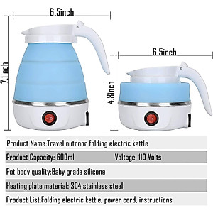 Foldable Electric Travel Kettle - Portable and Convenient Silicone Collapsible Water Boiler and Tea Pot for Camping - Easy Storage with Detachable Power Cord （Blue）
