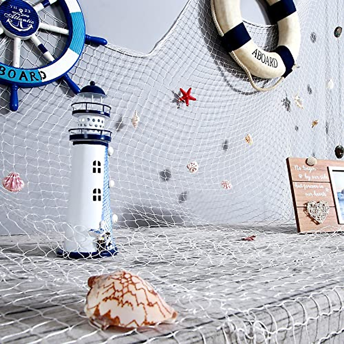 SHOUWAN Decoration Fishing Net 7ft ×14.7ft for Pirate,Hawaiian Nautical Ocean Mediterranean Party Wall Hanging Natural White Fishnet Decor Table Decorative Netting Living Room Decorar Fish Net