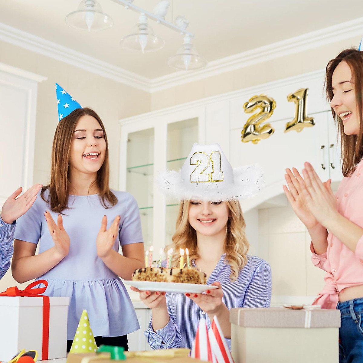 JUSTOTRY 21st Birthday White Cowboy Hat - 21ST Birth day Outfit Gifts for Women Cowgirl Hats with Wide Brime for 21st Birthday Decorations