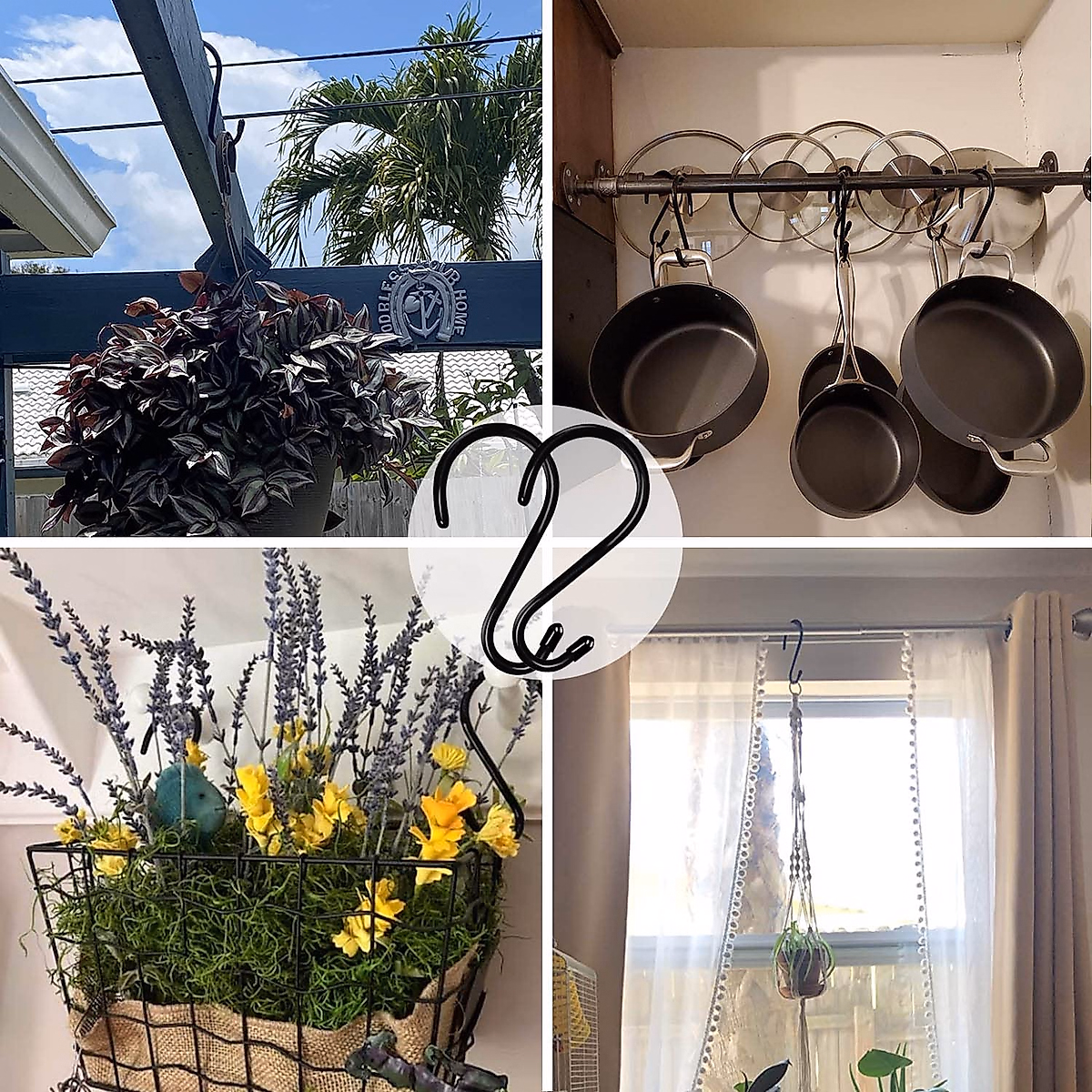 HiGift 6 Inch Large S Hooks for Hanging Heavy Duty, Non Slip Vinyl Coated S Hook for Closet, Steel Metal Black Rubber Coated S Hooks for Hanging Plant Jeans Pot Pan Clothes Purse Towel Bags- 4 Pack